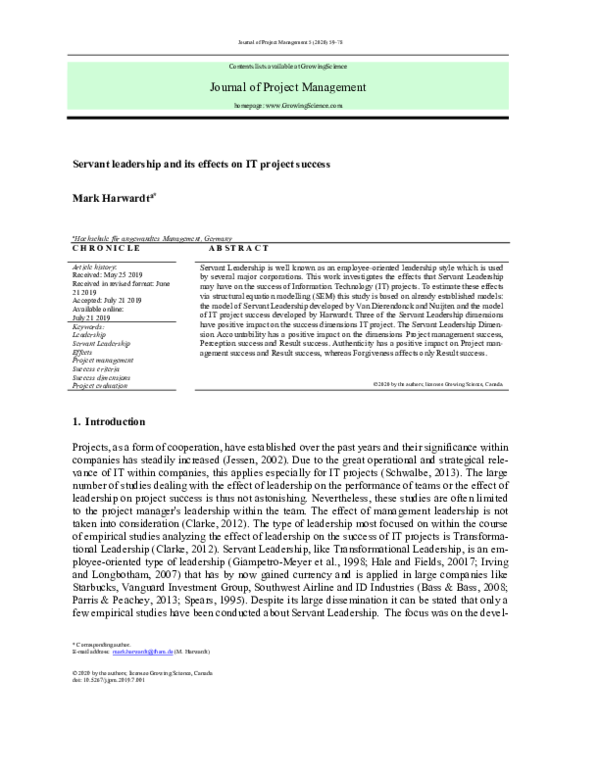 (PDF) Servant leadership and its effects on IT project success