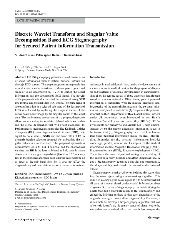 (PDF) Discrete wavelet transform and singular value decomposition based ECG steganography for ...