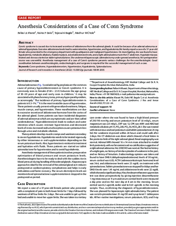(PDF) Anesthesia Considerations of a Case of Conn Syndrome | tejaswini bagde - Academia.edu