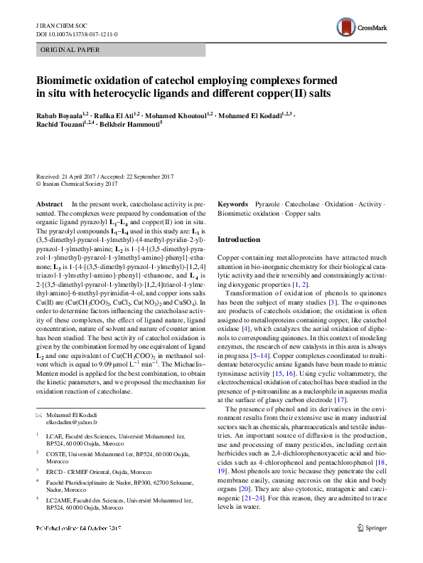 (PDF) Biomimetic oxidation of catechol employing complexes formed in situ with heterocyclic ...