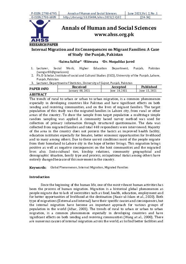 (PDF) Internal Migration and its Consequences on Migrant Families: A ...