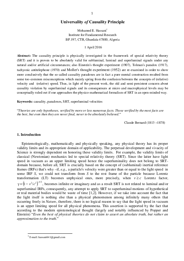(PDF) Universality of Causality Principle