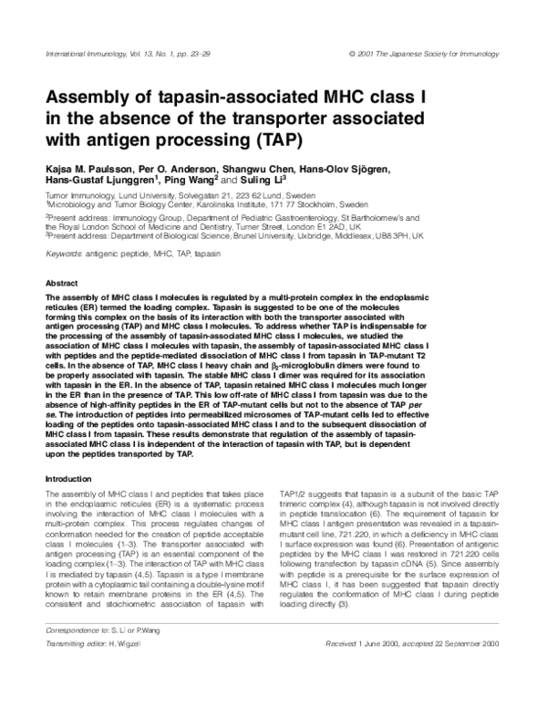 (PDF) Assembly of tapasin-associated MHC class I in the absence of the transporter associated ...