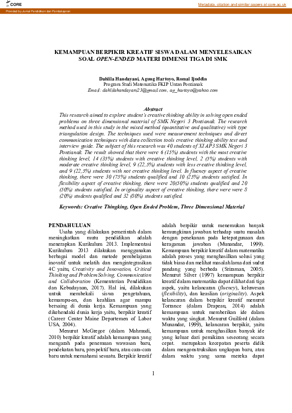 (PDF) Kemampuan Berpikir Kreatif Siswa Dalam Menyelesaikan Soal Open-Ended Materi Dimensi Tiga ...