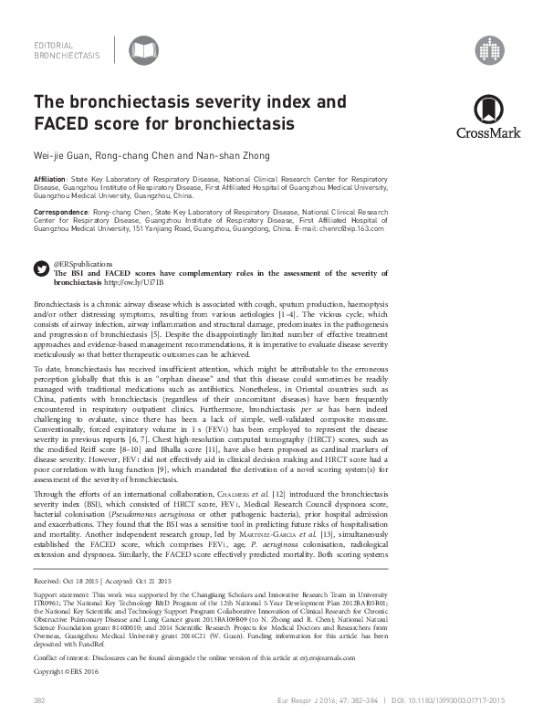 Pdf The Bronchiectasis Severity Index And Faced Score For Bronchiectasis