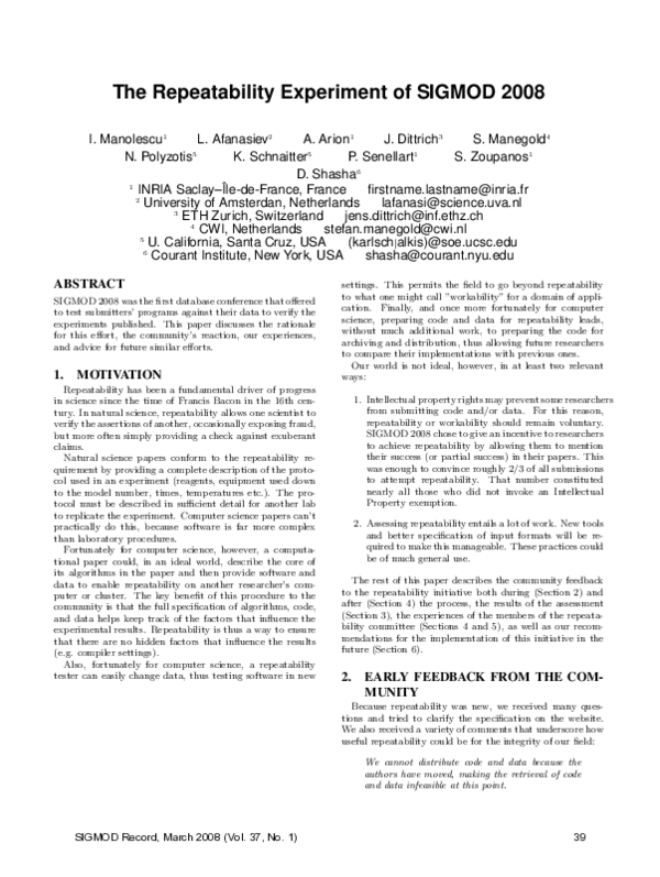 Pdf The Repeatability Experiment Of Sigmod 2008