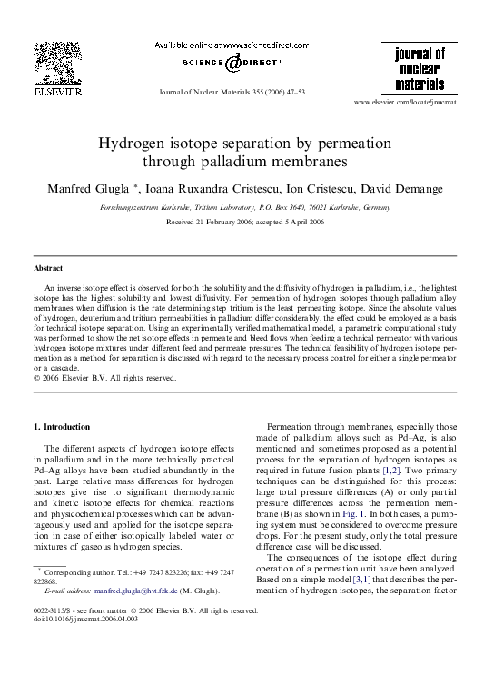 (PDF) Hydrogen isotope separation by permeation through palladium membranes