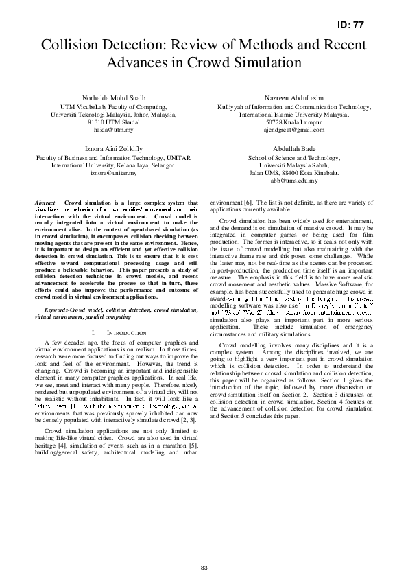 (PDF) Collision detection: review of methods and recent advances in crowd simulation