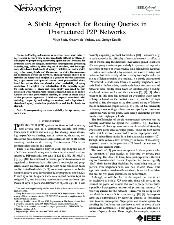 (PDF) A Stable Approach for Routing Queries in Unstructured P2P Networks