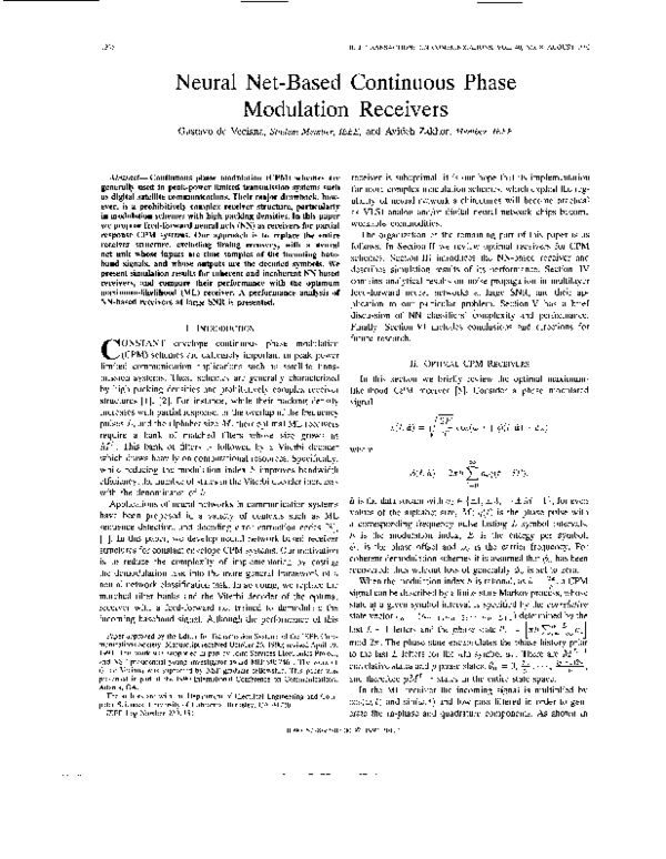 (PDF) Neural net-based continuous phase modulation receivers