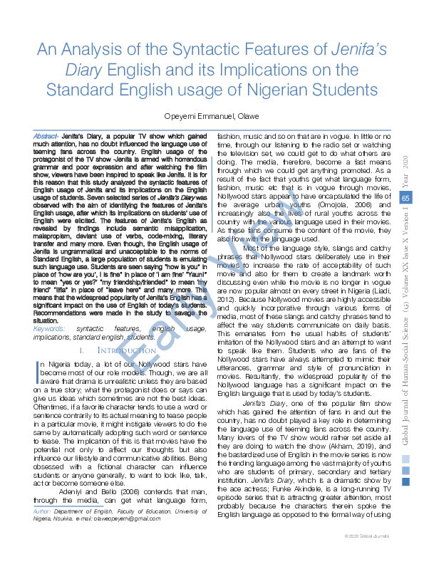 (PDF) An Analysis of the Syntactic Features of Jenifa's Diary English ...