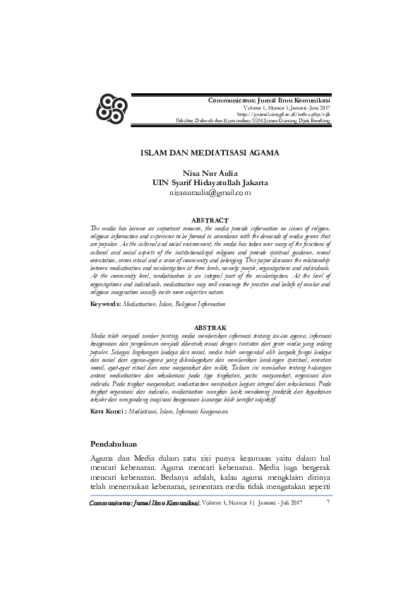 (PDF) Islam dan Mediatisasi Agama