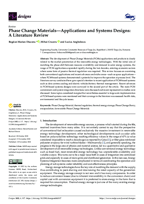 (PDF) Phase Change Materials—Applications and Systems Designs: A Literature Review