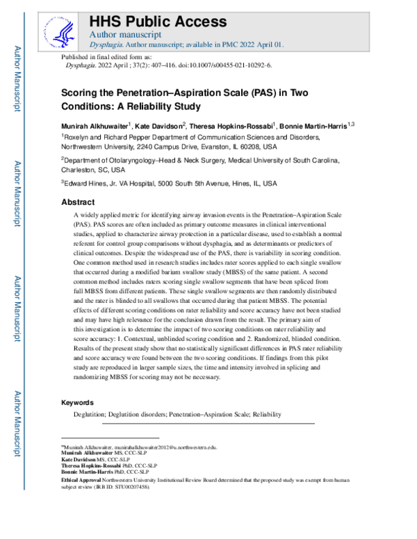 (PDF) Scoring the Penetration–Aspiration Scale (PAS) in Two Conditions ...