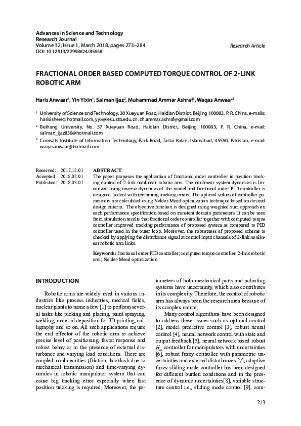 (PDF) Fractional Order Based Computed Torque Control of 2-link Robotic Arm (PDF) Fractional Order Based Computed Torque Control of 2-link Robotic Arm