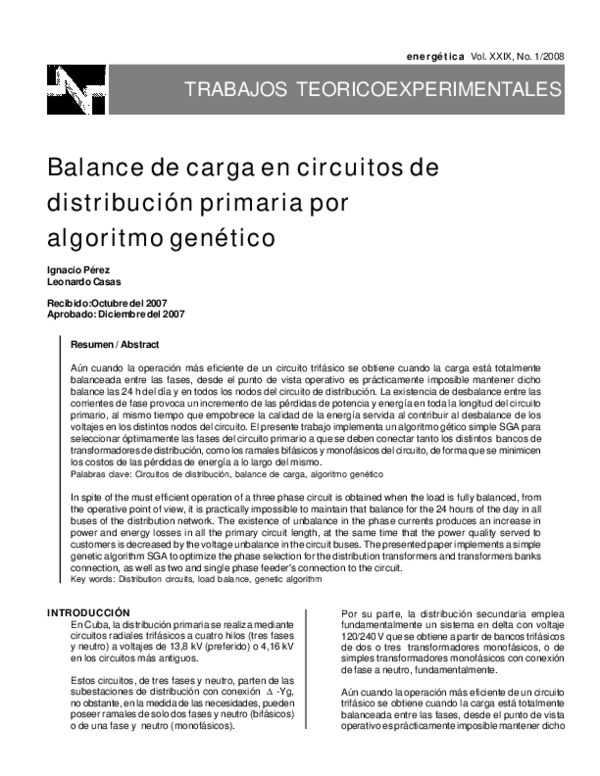 (PDF) Balance de carga en circuitos de distribución primaria por algoritmo genético; Load ...