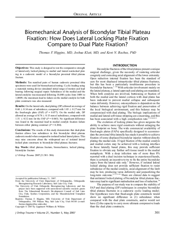 (PDF) Biomechanical Analysis of Bicondylar Tibial Plateau Fixation: How ...