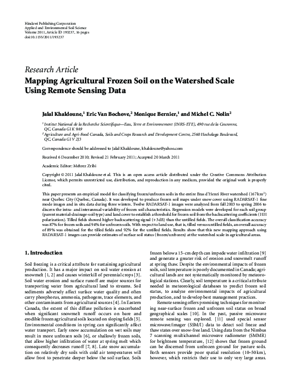 (PDF) Mapping Agricultural Frozen Soil on the Watershed Scale Using Remote Sensing Data