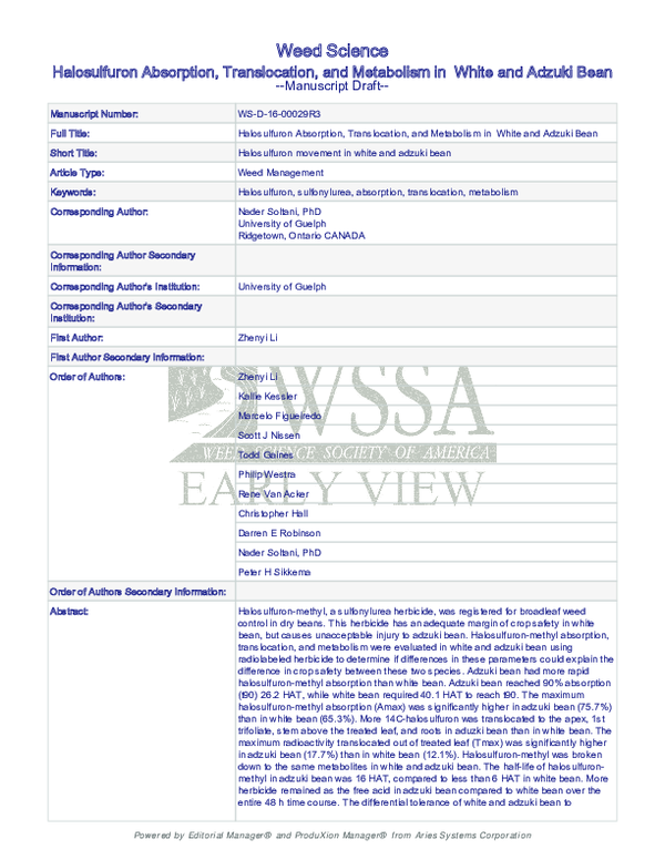 (PDF) Halosulfuron Absorption, Translocation, and Metabolism in White ...