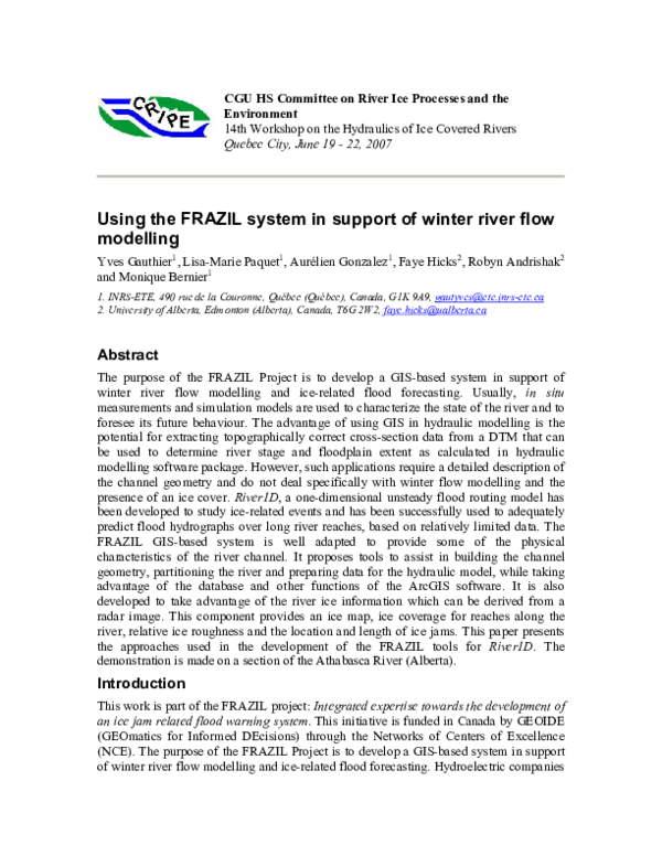 (PDF) Using the FRAZIL system in support of winter river flow modelling