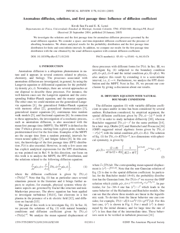 (PDF) Anomalous diffusion, solutions, and first passage time: Influence of diffusion coefficient