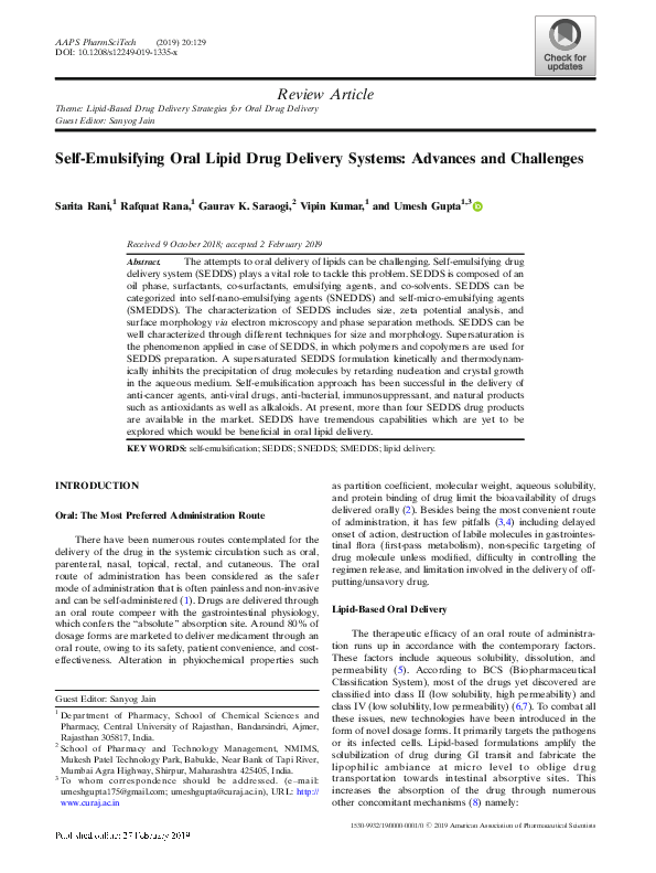(PDF) Self-Emulsifying Oral Lipid Drug Delivery Systems: Advances and Challenges