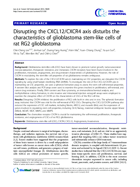 (PDF) Disruption of CXCL12/CXCR4 Impacts Glioblastoma Stem Cells