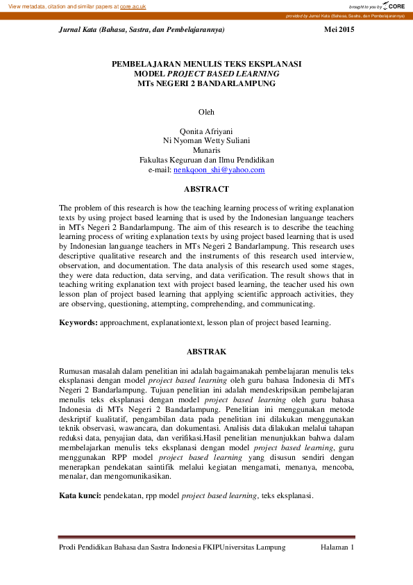 (PDF) PEMBELAJARAN MENULIS TEKS EKSPLANASI MODEL PROJECT BASED LEARNING ...