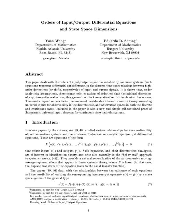 Pdf Orders Of Inputoutput Differential Equations And State Space Dimensions