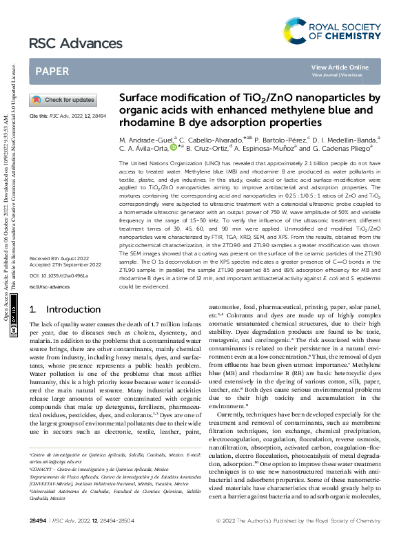Surface modification of TiO2/ZnO nanoparticles by organic acids with enhanced methylene blue and ...