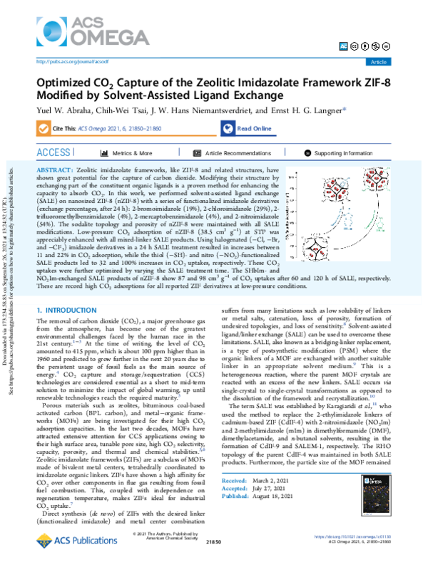Pdf Optimized Co2 Capture Of The Zeolitic Imidazolate Framework Zif8 Modified By Solvent
