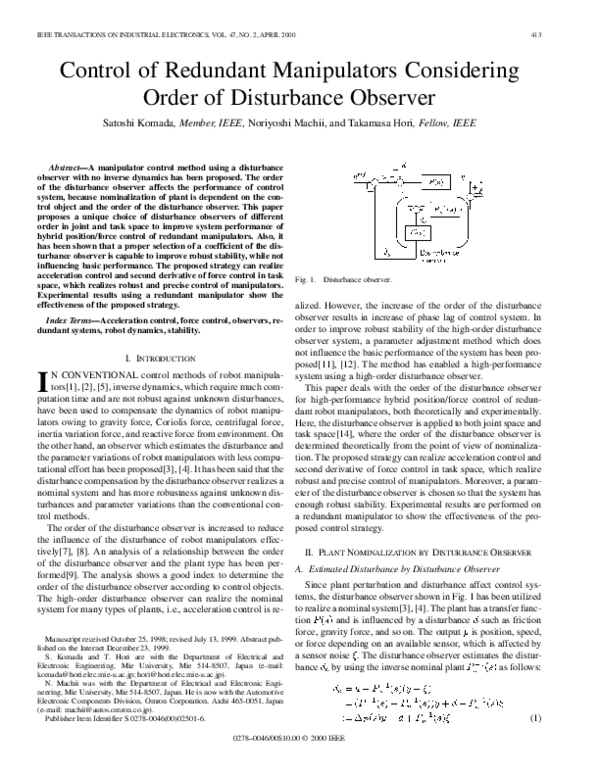 (PDF) Control of redundant manipulators considering order of disturbance observer | Satoshi ...