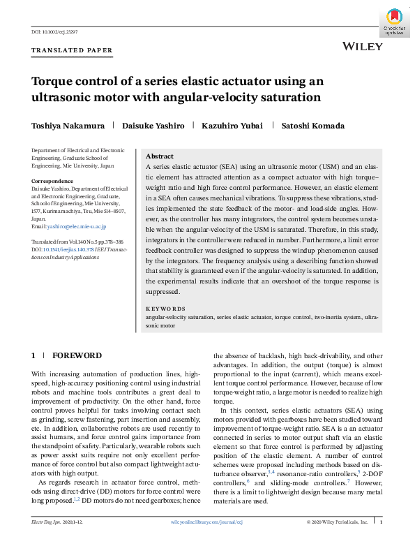 Pdf Torque Control Of A Series Elastic Actuator Using An Ultrasonic Motor With Angular