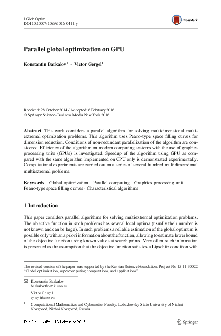 (PDF) Parallel global optimization on GPU