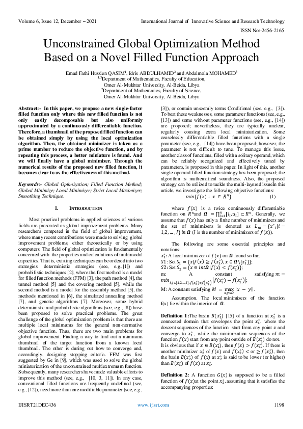 (PDF) Unconstrained Global Optimization Method Based on a Novel Filled Function Approach
