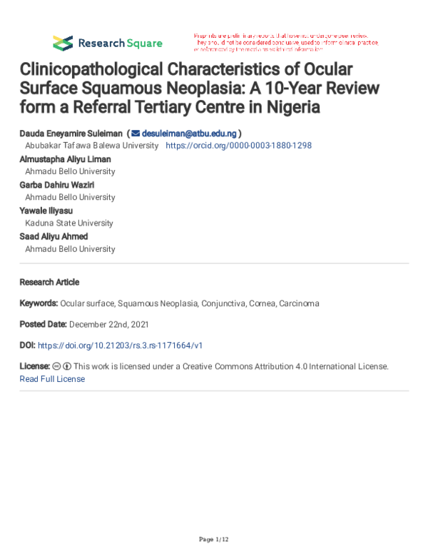 (PDF) Clinicopathological Characteristics of Ocular Surface Squamous Neoplasia: A 10-Year Review ...