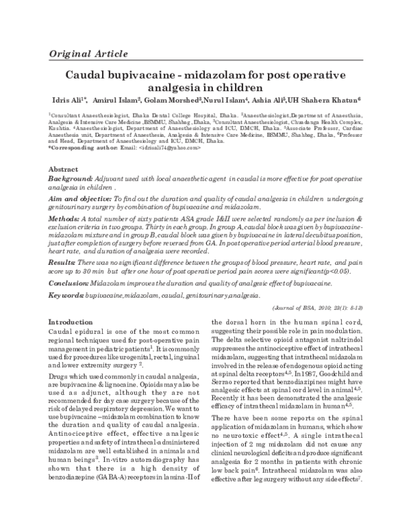 (PDF) Caudal bupivacaine - midazolam for post operative analgesia in ...