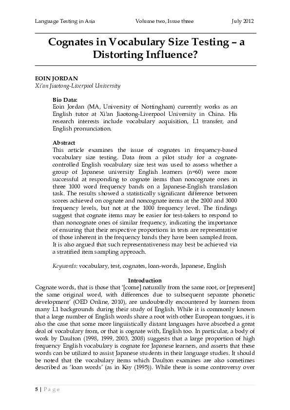 (PDF) Cognates in Vocabulary Size Testing - a Distorting Influence?