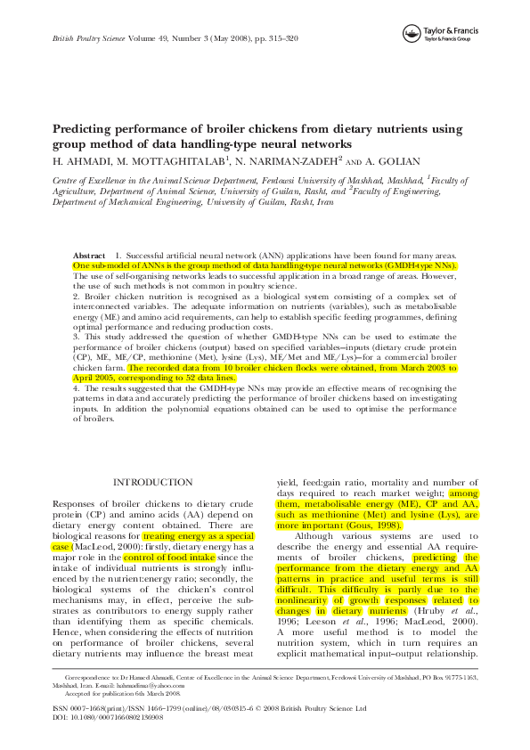 Pdf Predicting Performance Of Broiler Chickens From Dietary Nutrients Using Group Method Of