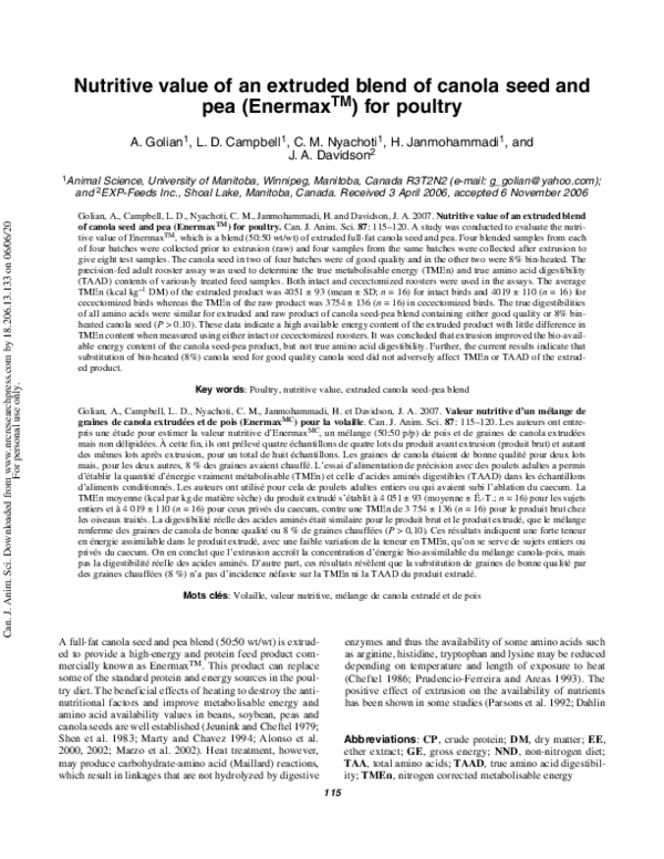 (PDF) Nutritive value of an extruded blend of canola seed and pea ...