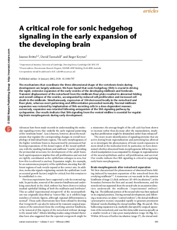 (PDF) A critical role for sonic hedgehog signaling in the early ...