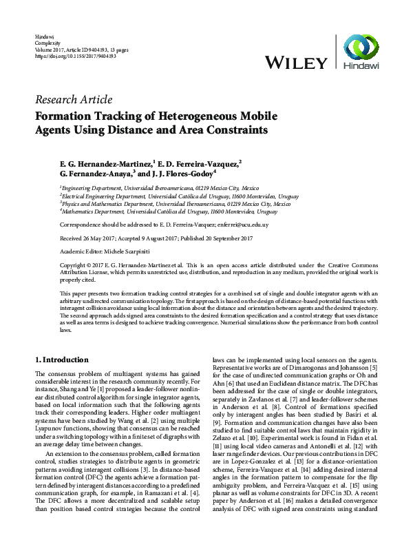 Pdf Formation Tracking Of Heterogeneous Mobile Agents Using Distance And Area Constraints