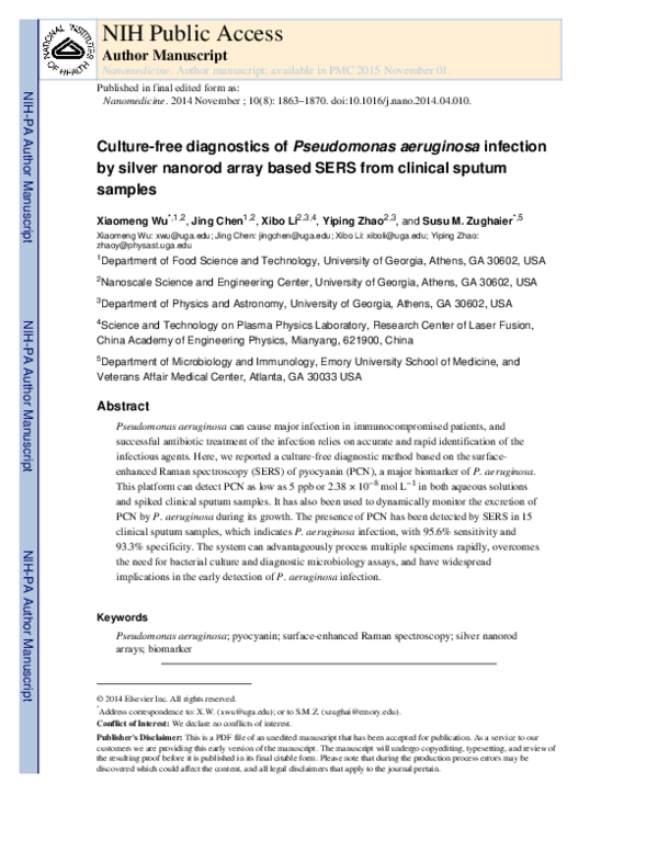 (PDF) Culture-free diagnostics of Pseudomonas aeruginosa infection by silver nanorod array based ...