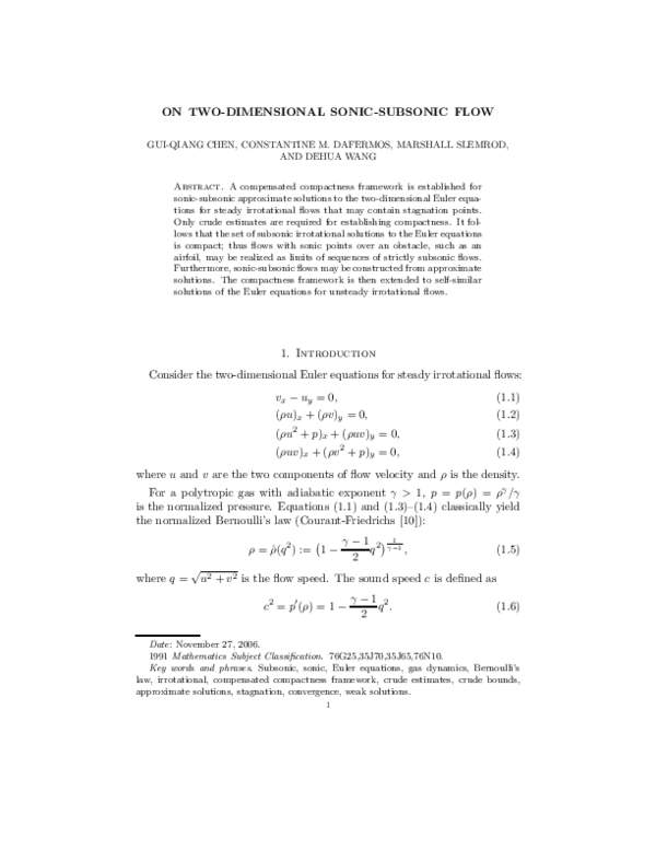 (PDF) On Two-Dimensional Sonic-Subsonic Flow