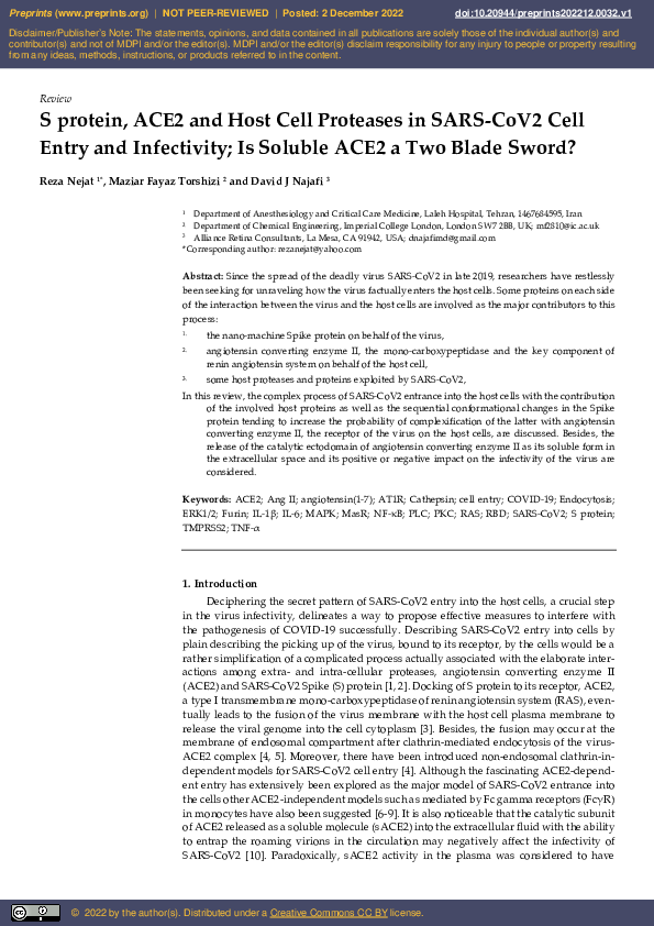 (PDF) S protein, ACE2 and Host Cell Proteases in SARS-CoV2 Cell Entry ...