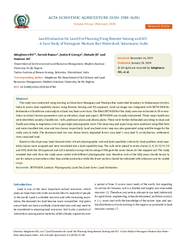 (PDF) Land Evaluation for Land Use Planning Using Remote Sensing and GIS -A Case Study of ...
