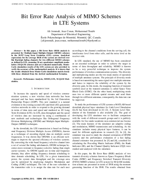 (PDF) Bit Error Rate Analysis of MIMO Schemes in LTE Systems
