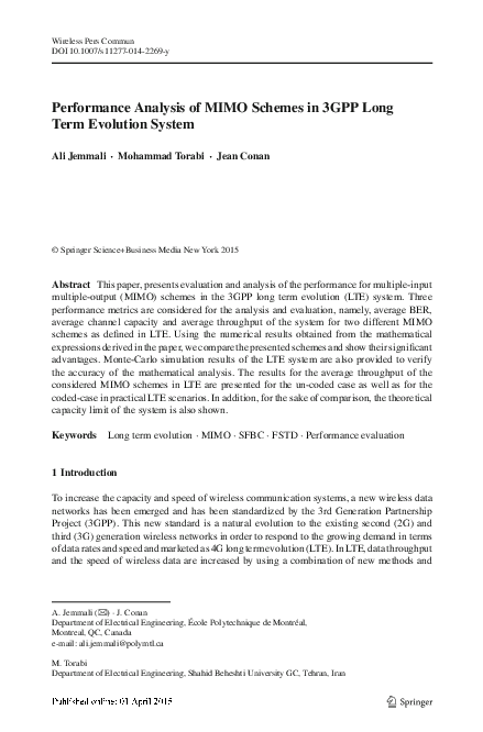 (PDF) Performance Analysis of MIMO Schemes in 3GPP Long Term Evolution System | Ali Jemmali ...