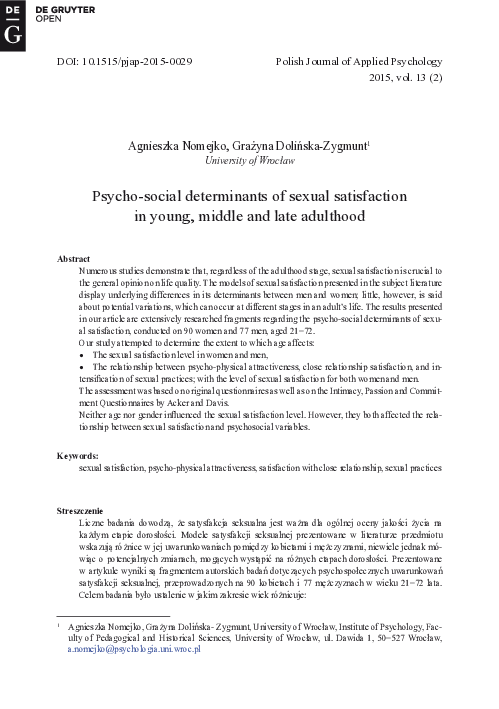 Pdf Psycho Social Determinants Of Sexual Satisfaction In Young
