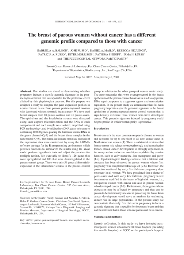 (PDF) The breast of parous women without cancer has a different genomic ...